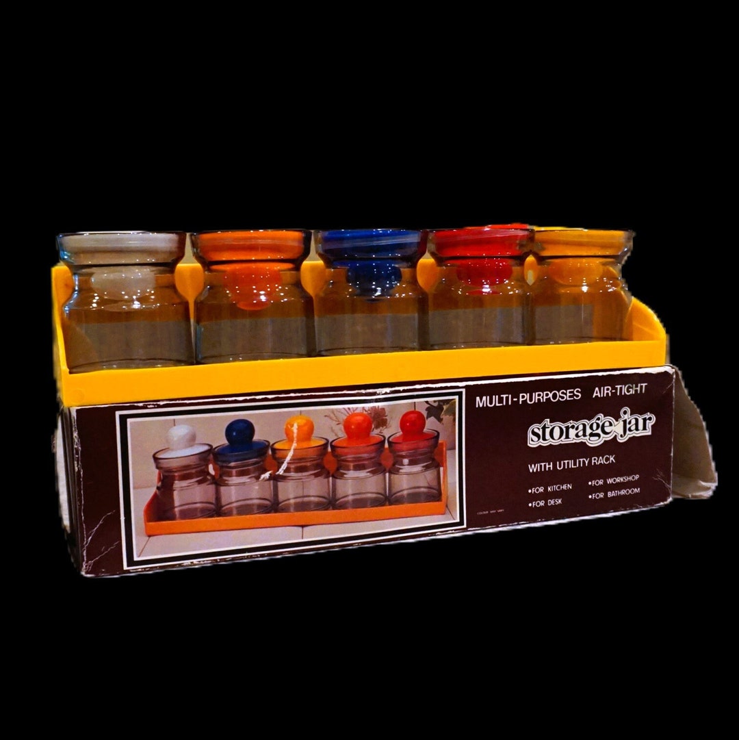 Vtg 5pc NIB Small Airtight Plastic Jars W/ Shelf, Unused, Vintage 70s ...