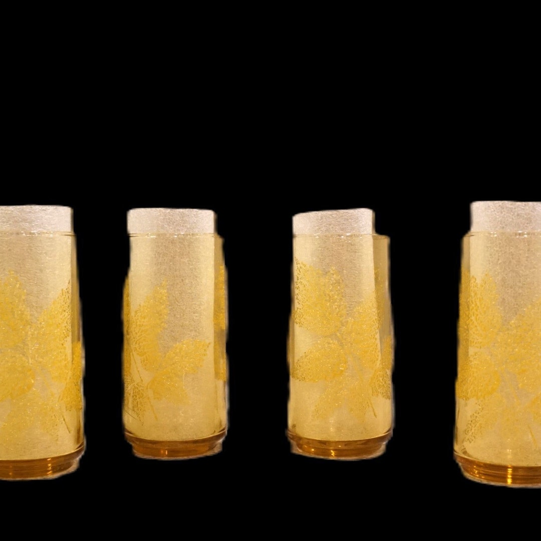 Vtg 4pc Yellow-gold Glasses, Raised Textured Leaves, Reflective Surface ...