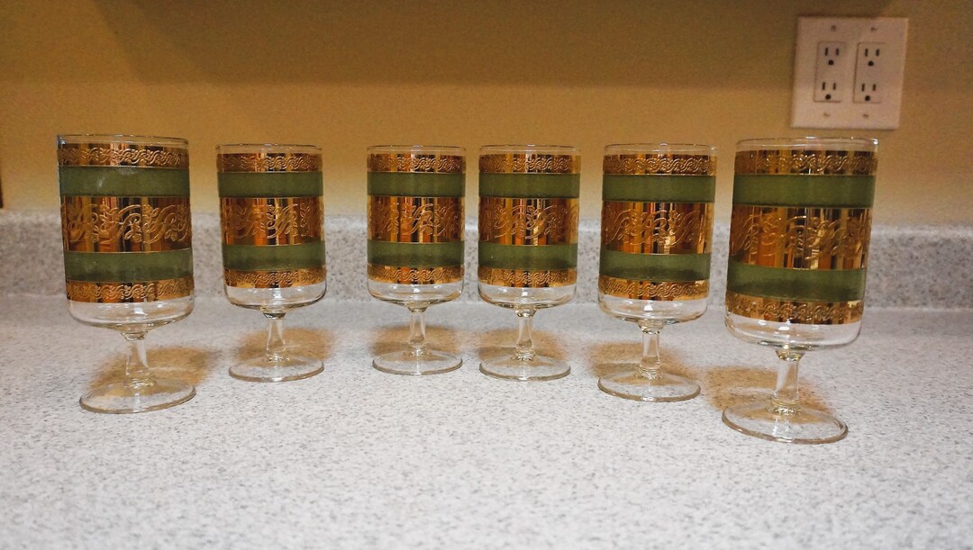 Vtg 6pc Set, Green and Ornate 22k Gold Goblet Style Glasses, 12oz ...