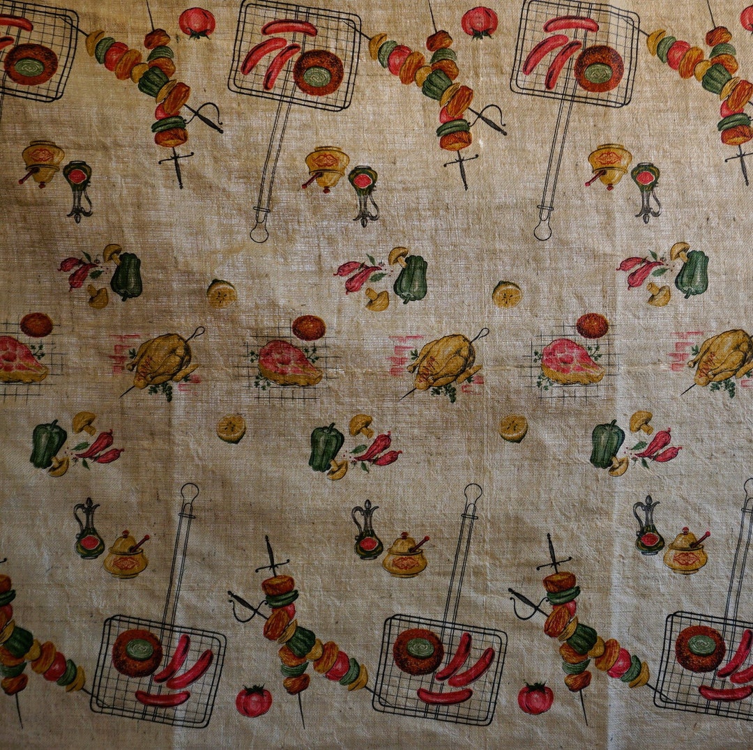Vtg BBQ Tablecloth, Rustic Burlap Oilcloth BBQ Themed Tablecloth, 87in ...