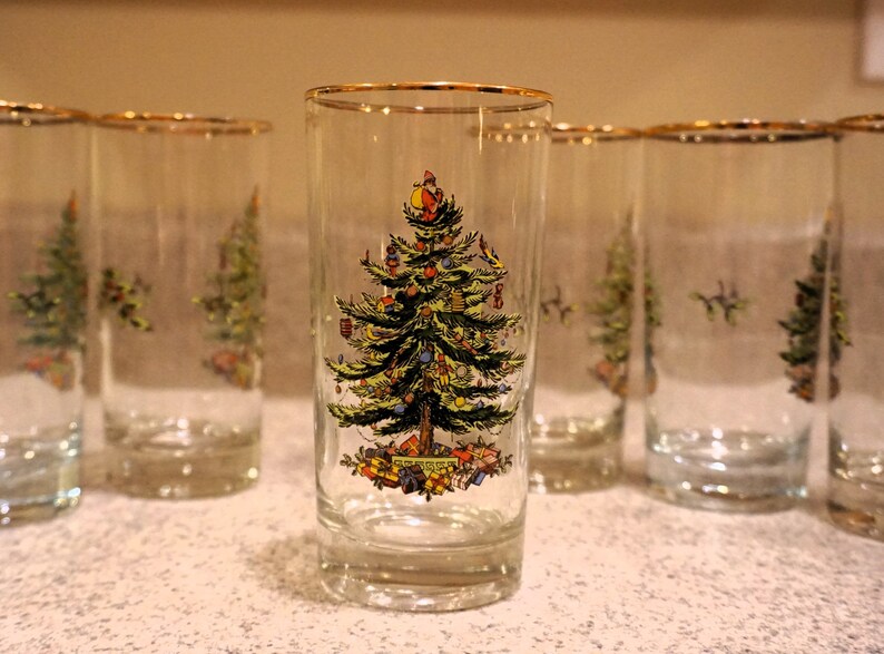Vtg 8pc or 10pc Spode Christmas Tree Highball Gold Rim Glasses, Vintage ...