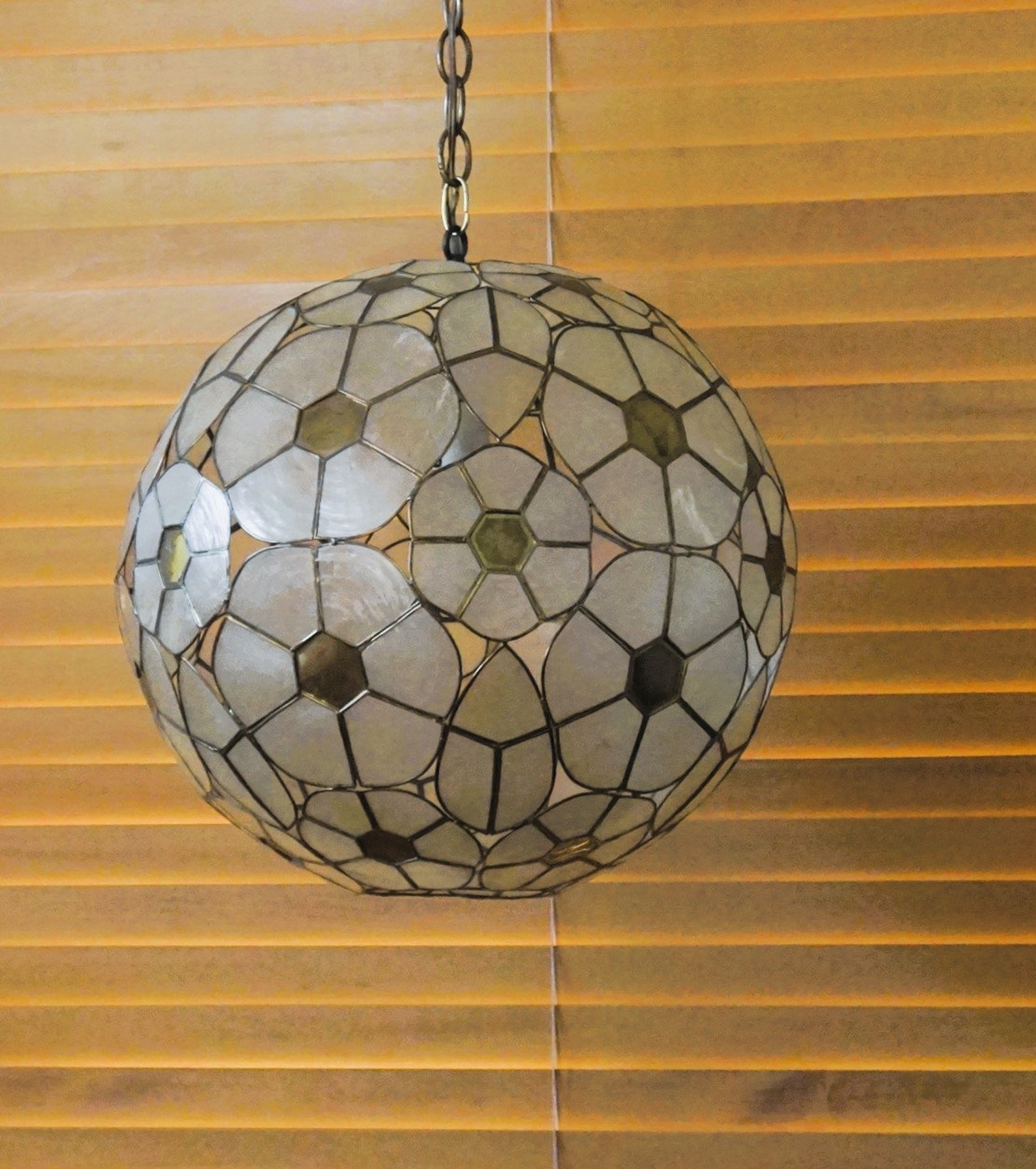 Vtg Mid-century Modern Capiz Shell and Brass Floral Globe Light Fixture ...