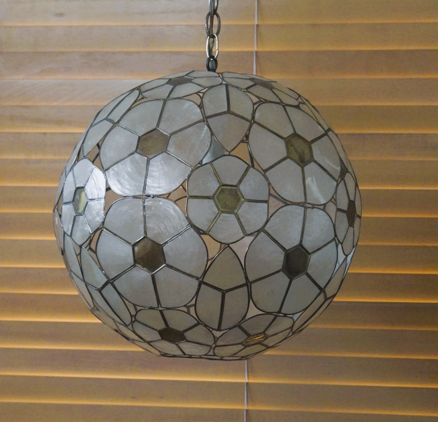 Vtg Mid-century Modern Capiz Shell and Brass Floral Globe Light Fixture ...