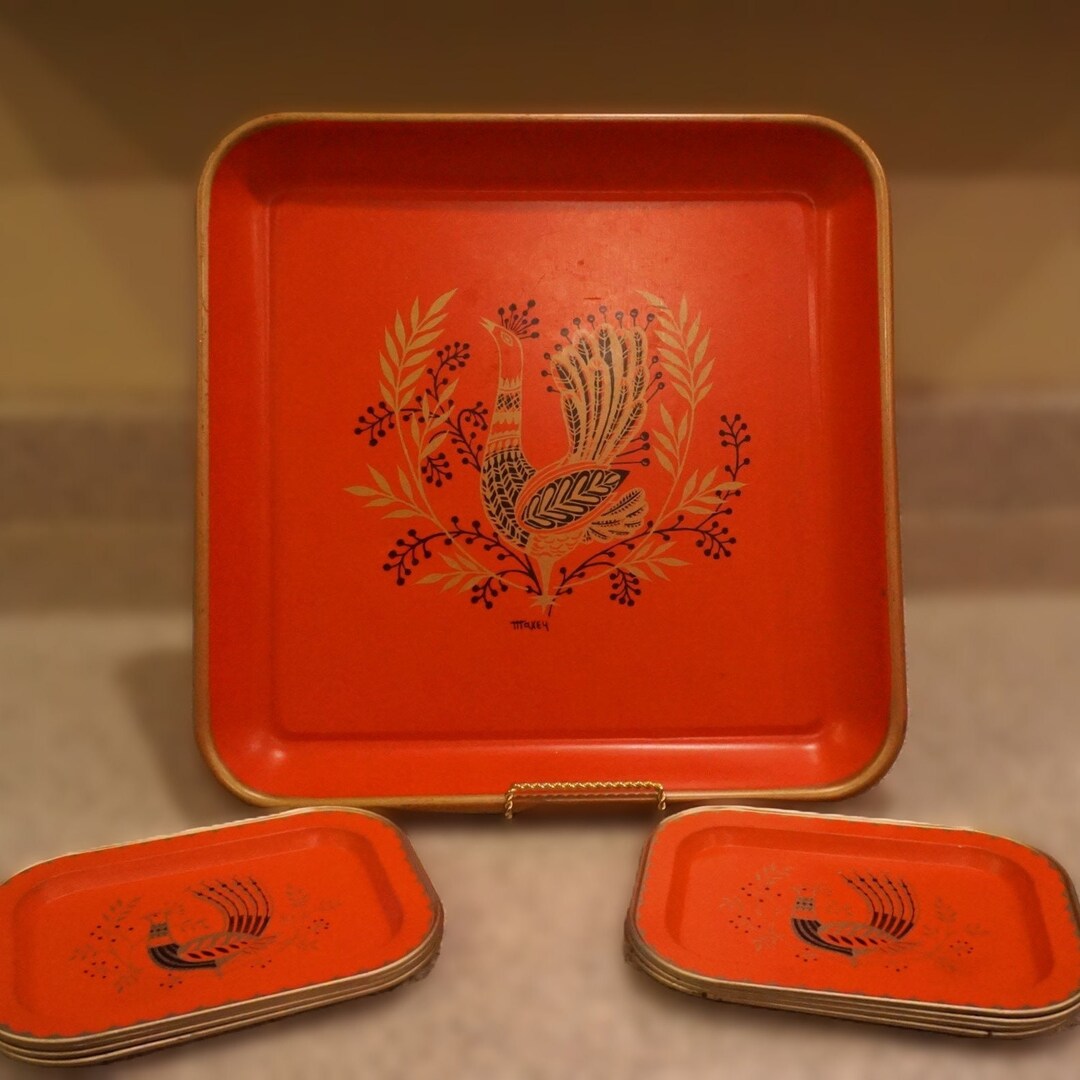 Vtg Festive Maxey Red Tray Set W/ Black and Gold Peacock, 1 Lrg Serving ...