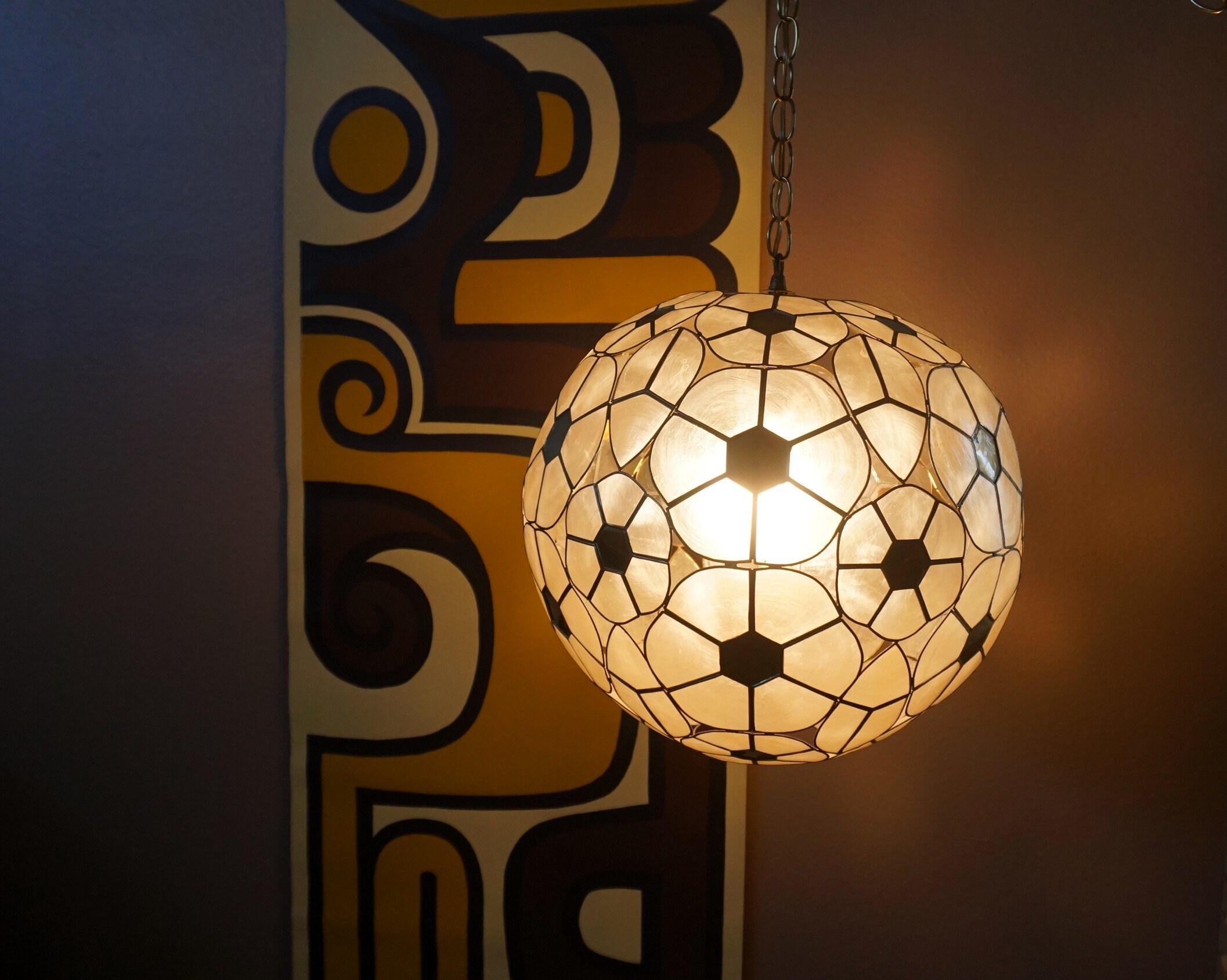 Vtg Mid-century Modern Capiz Shell and Brass Floral Globe Light Fixture ...