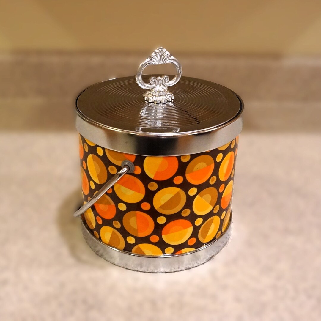 Vtg Ice Bucket, Groovy Geometric Pattern, Metal Bands, Removeable Liner ...