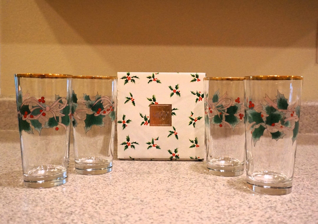 4pc Mikasa Ribbon Holly Highball Glasses, Original Box, Vintage 1980s ...