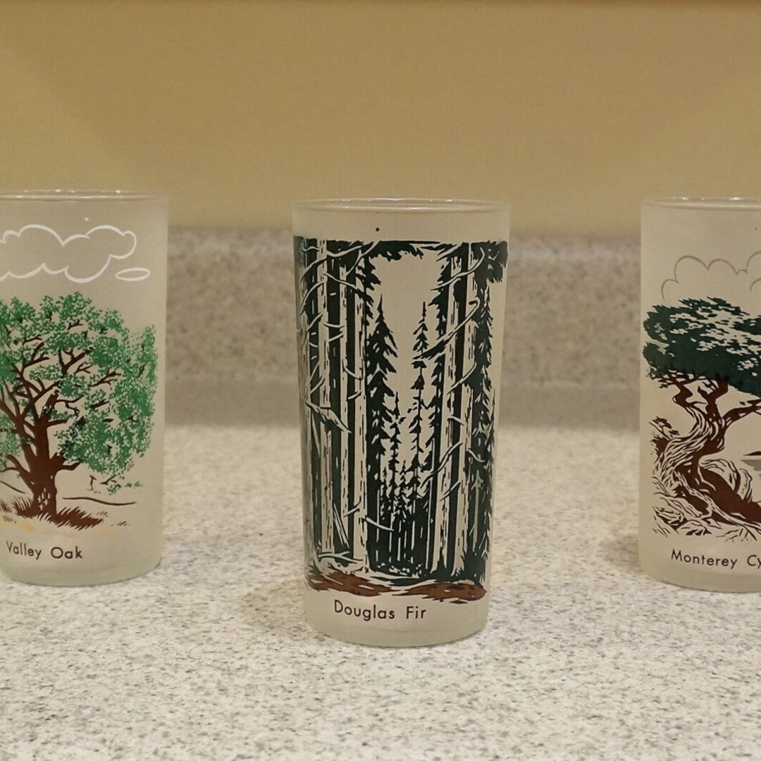 Vtg 3pc MCM Frosted Novelty Drinkware, California Trees, Souvenir ...