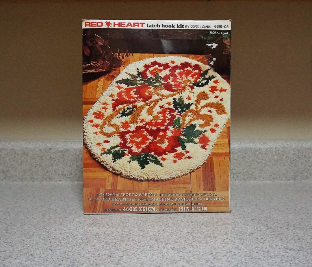 Vtg Floral Oval Latch Hook Rug Kit, Red Heart Line by Coats and Clark ...