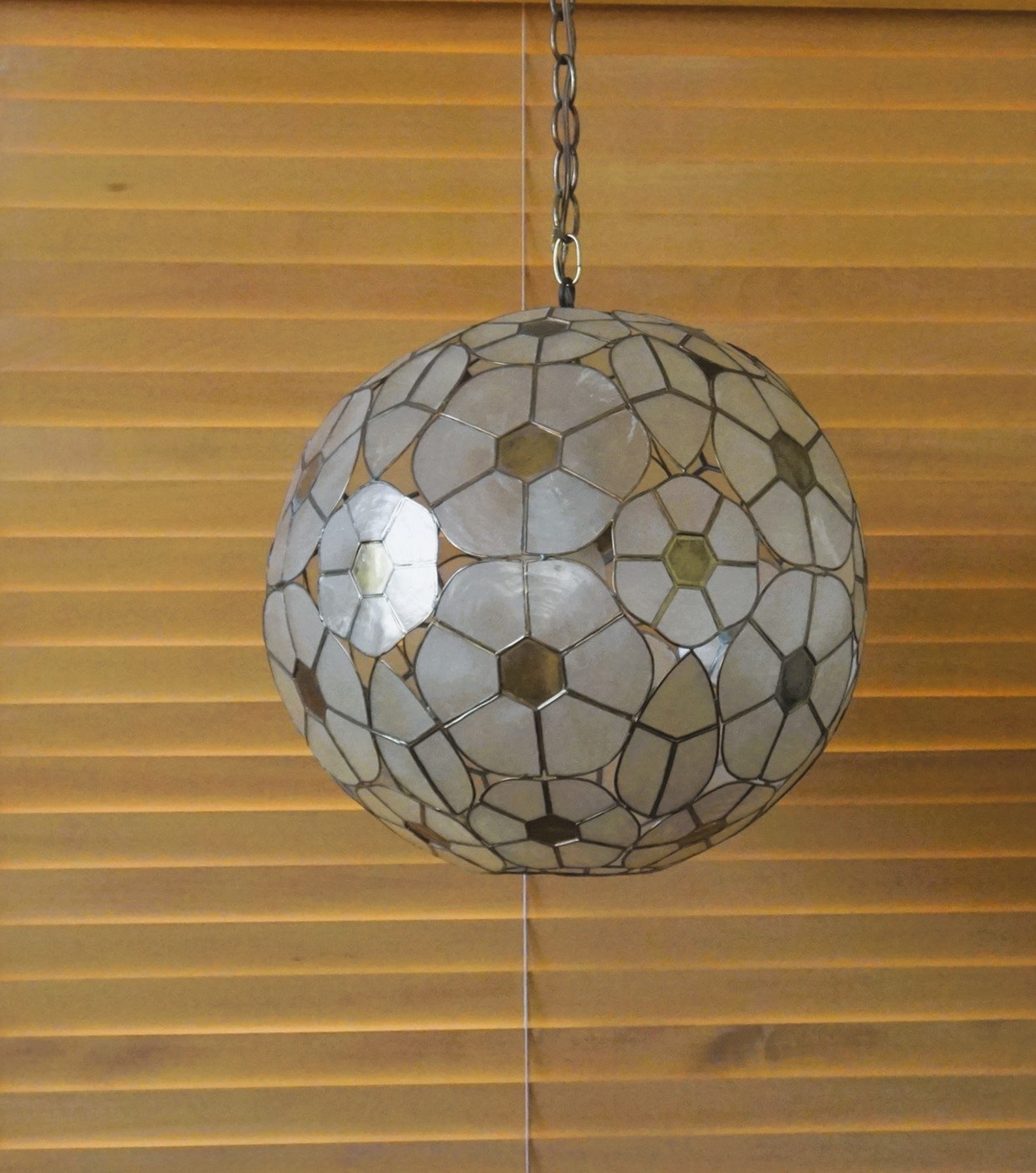 Vtg Mid-century Modern Capiz Shell and Brass Floral Globe Light Fixture ...