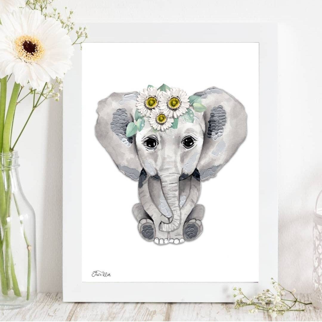 Elephant Print, Baby Elephant Print, Daisy Flower Crown, Wall Art ...