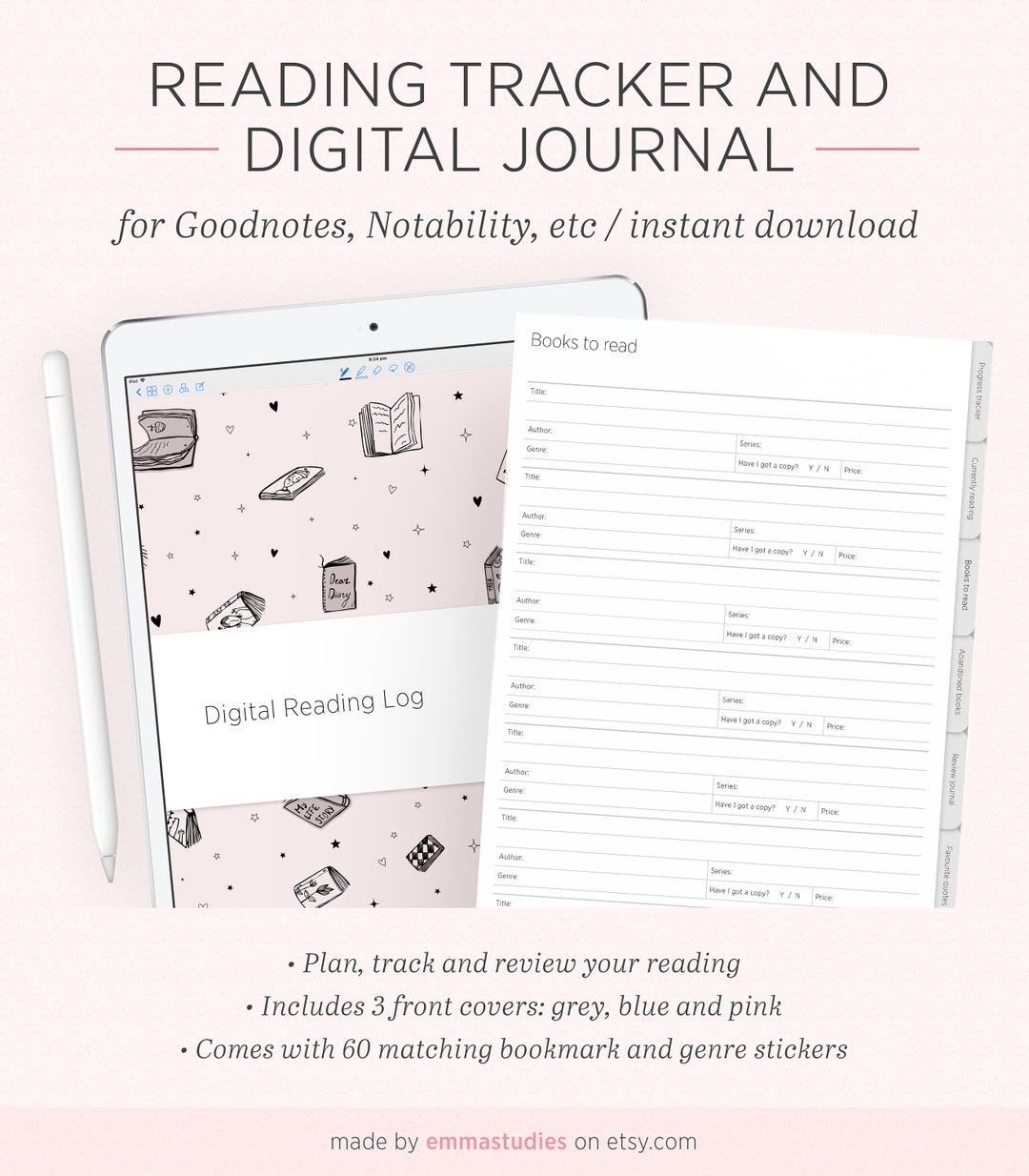 Digital Reading Log to Read Tracker Book Journal Review Template Digi ...