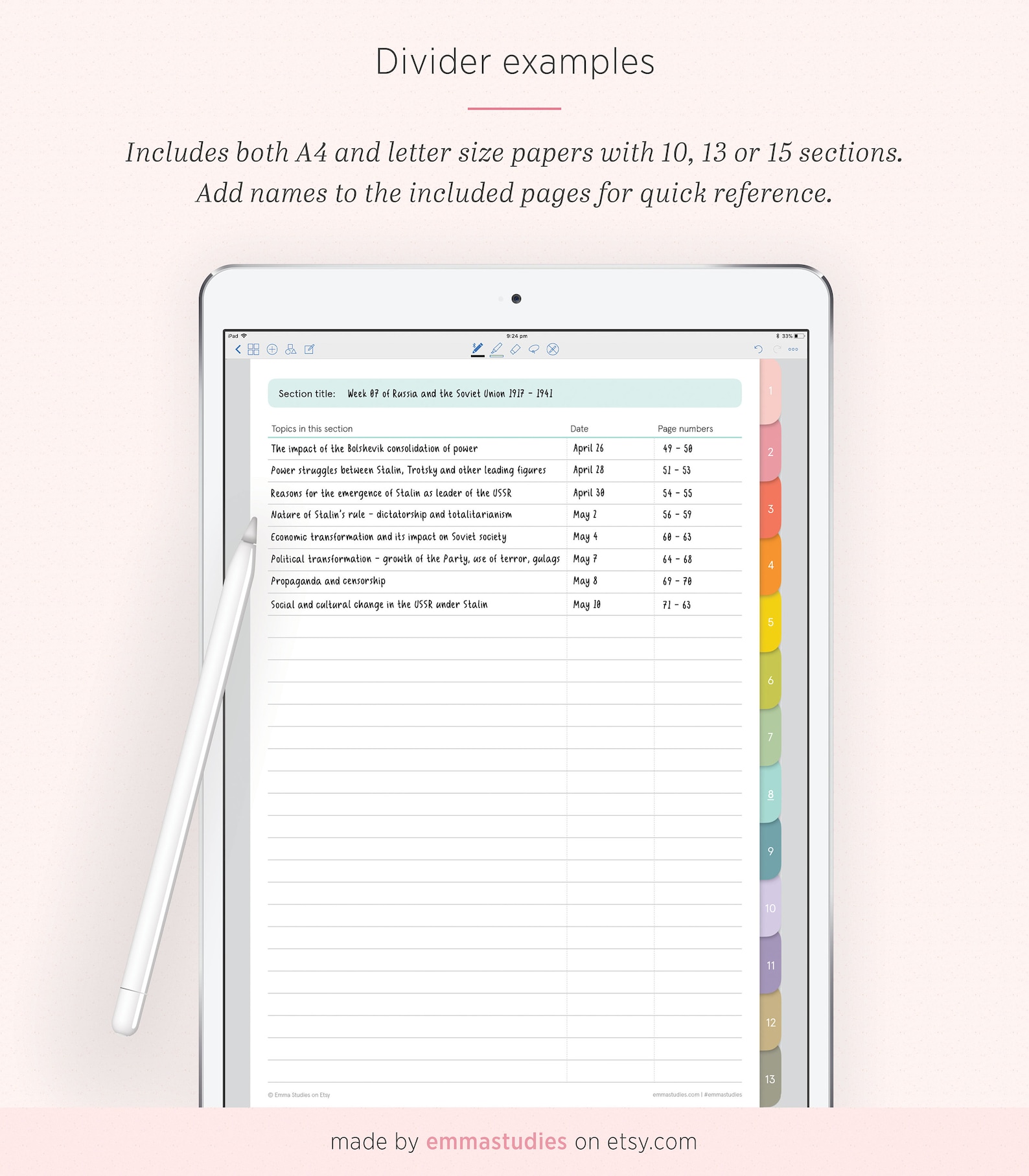 Section Divider Inserts for Digital Notebooks | Customisable Tabbed ...