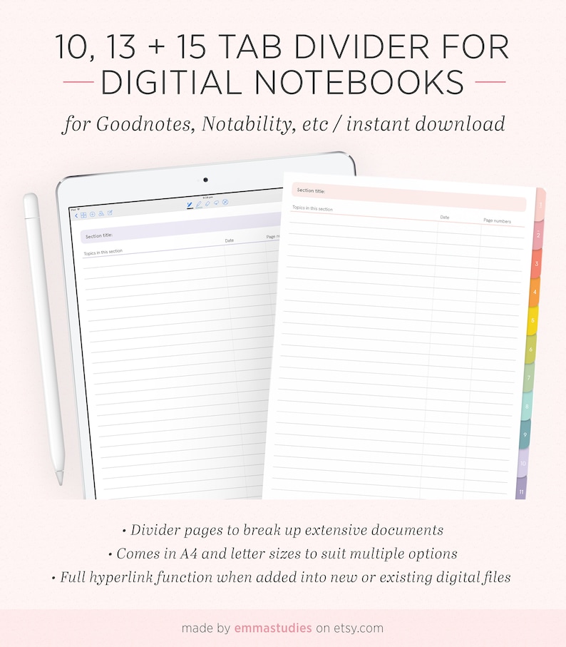 Section Divider Inserts for Digital Notebooks | Customisable Tabbed ...
