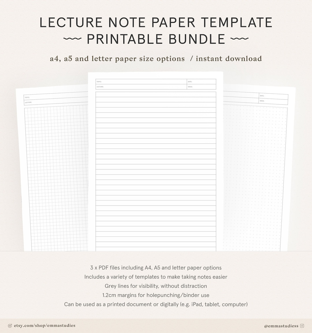 Student Lecture Note Taking Printable | A4, A5, and Letter | Lined, Dot ...