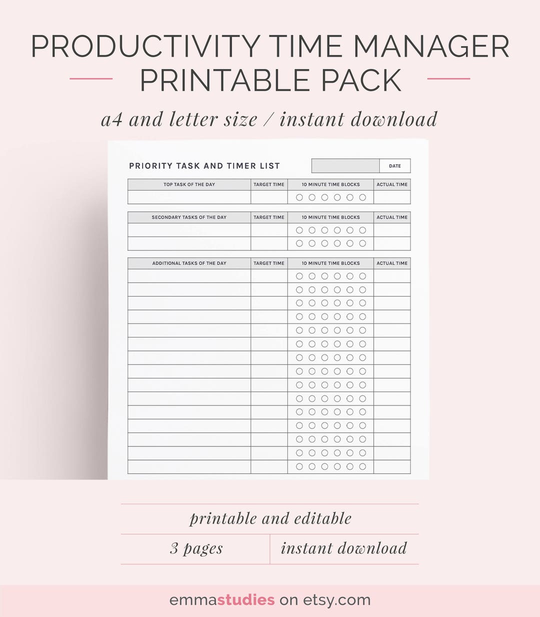 Productivity Time Manager Printable Pack Priority Task To-do List ...