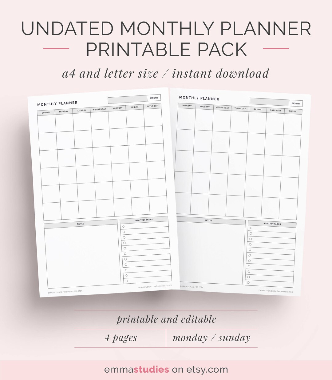 Undated Portrait Monthly Planner Printable Set Monday and - Etsy