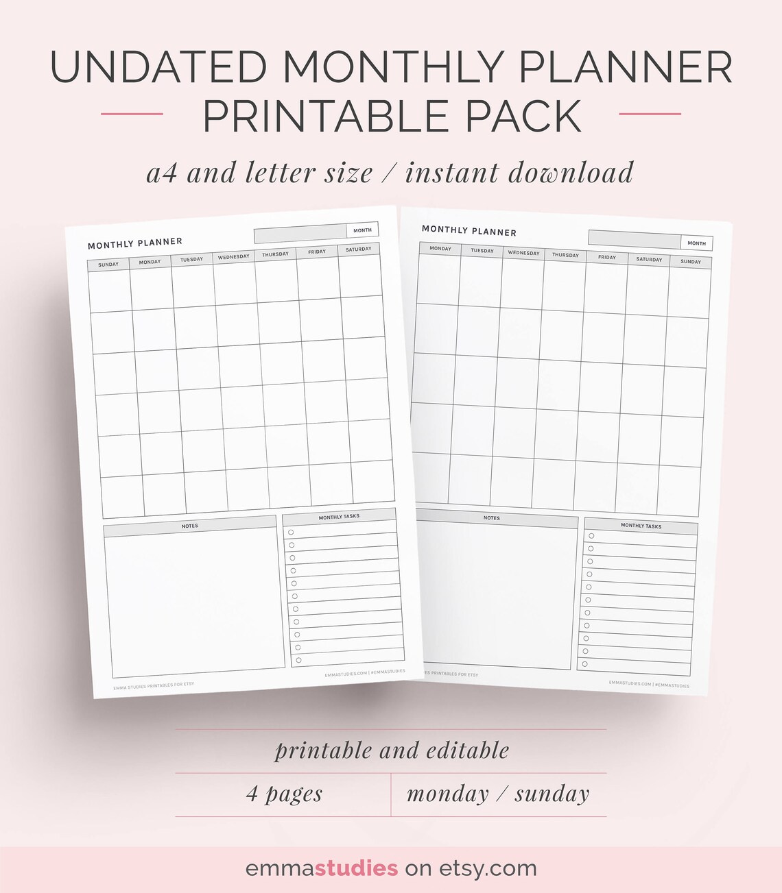 Undated Portrait Monthly Planner Printable Set Monday and | Etsy