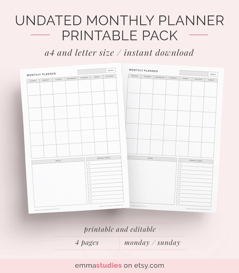Undated Portrait Monthly Planner Printable Set Monday and | Etsy