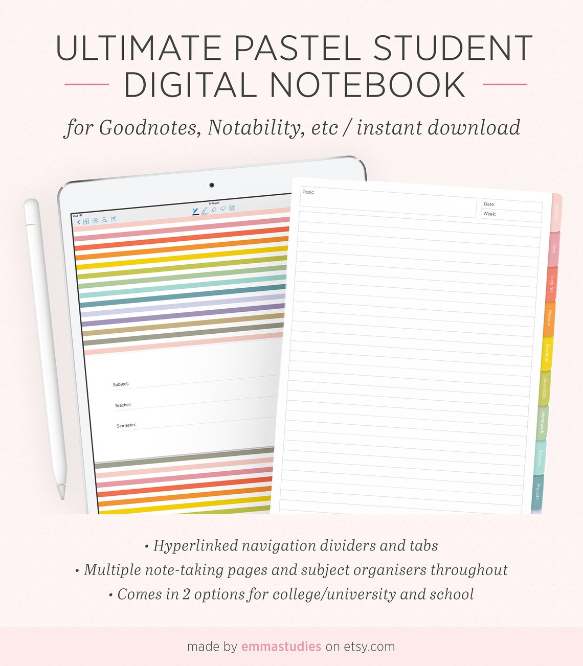 Digital Student Notebook Student Planner Organiser Subject | Etsy