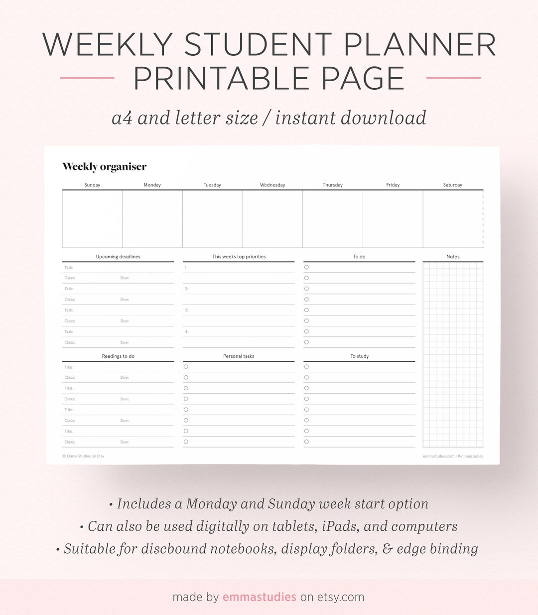Weekly Student Organiser Printable Planner | College University High ...