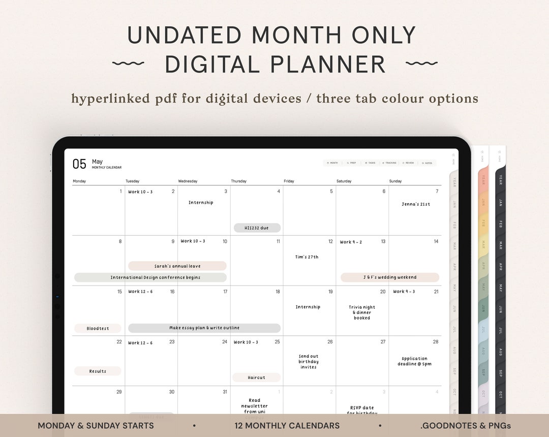 Undated Digital Monthly Planner — Month Only Digital PDF | iPad Tablet ...