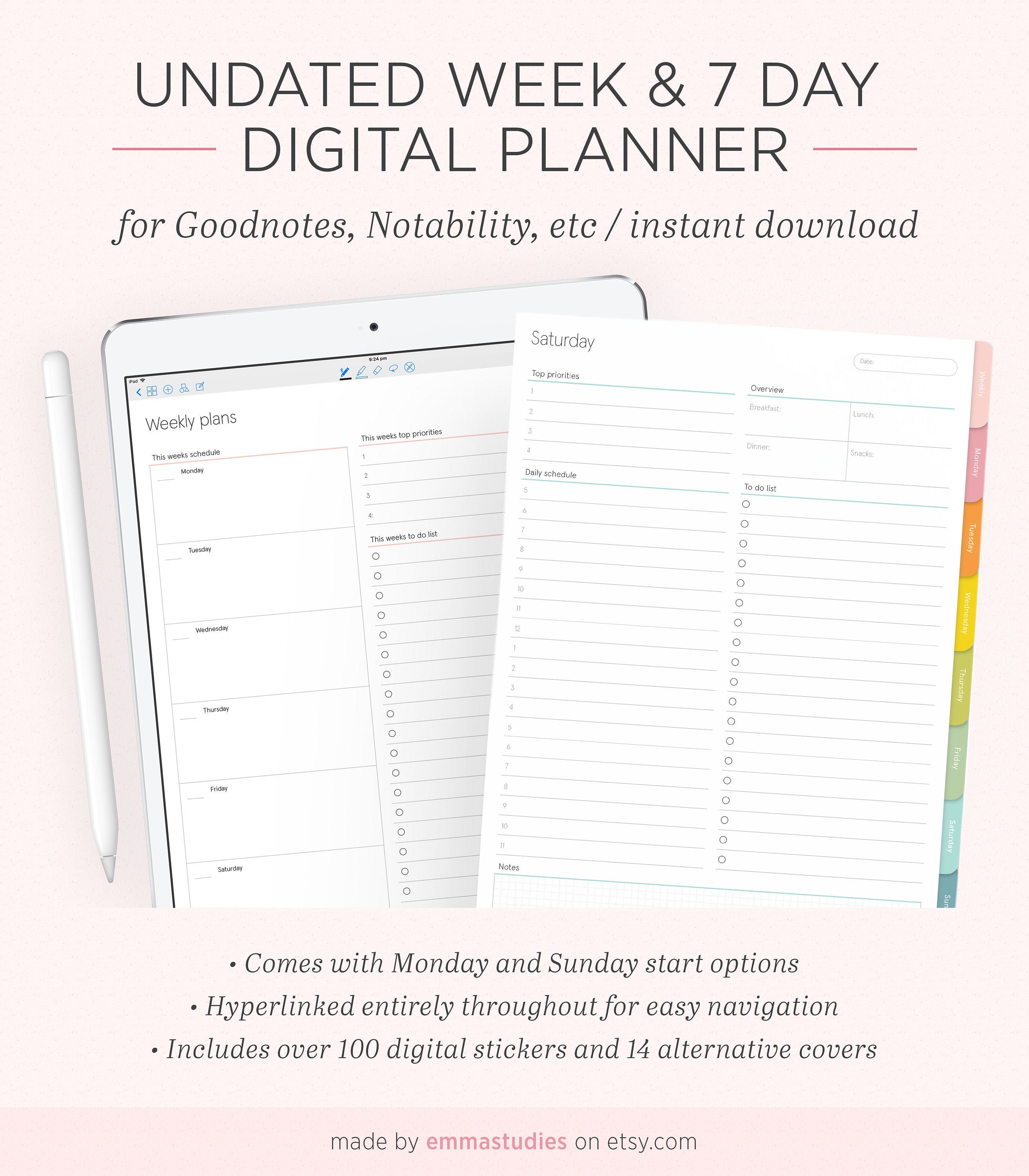 Undated Digital Daily and Weekly Planner Pastel Portrait | Etsy