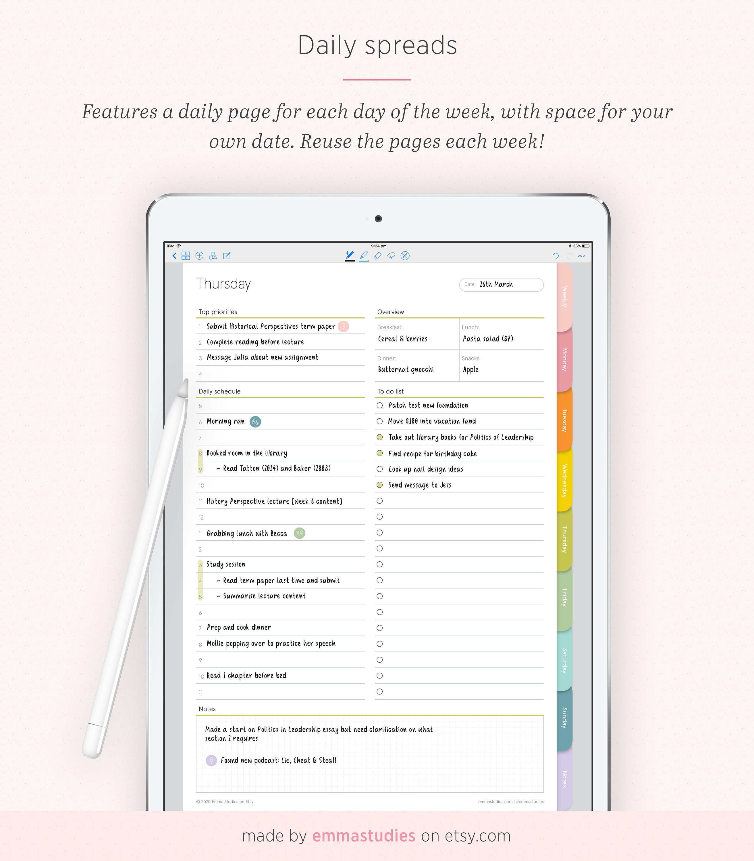 Undated Digital Daily and Weekly Planner Pastel Portrait | Etsy
