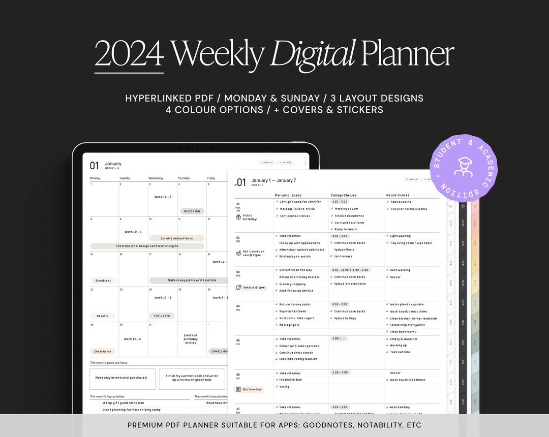 2024 Digital Planner STUDENT WEEKLY PORTRAIT | College Digital Planner ...