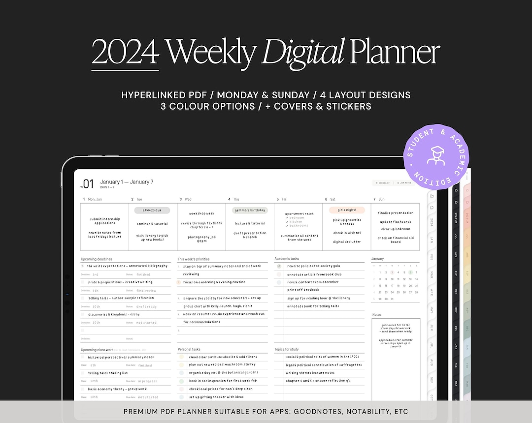 2024 Digital Planner STUDENT WEEKLY LANDSCAPE | College Digital Planner ...