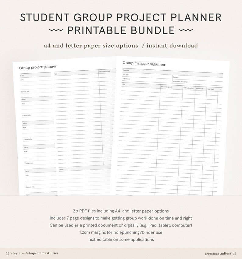 Group Project Planner Student Printable Pack College School - Etsy