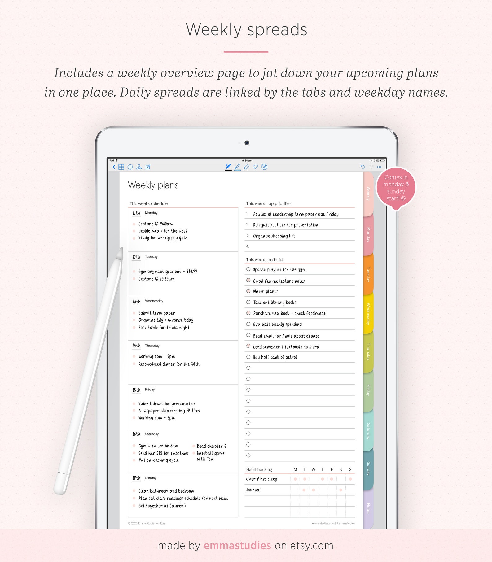 Undated Digital Daily and Weekly Planner Pastel Portrait | Etsy