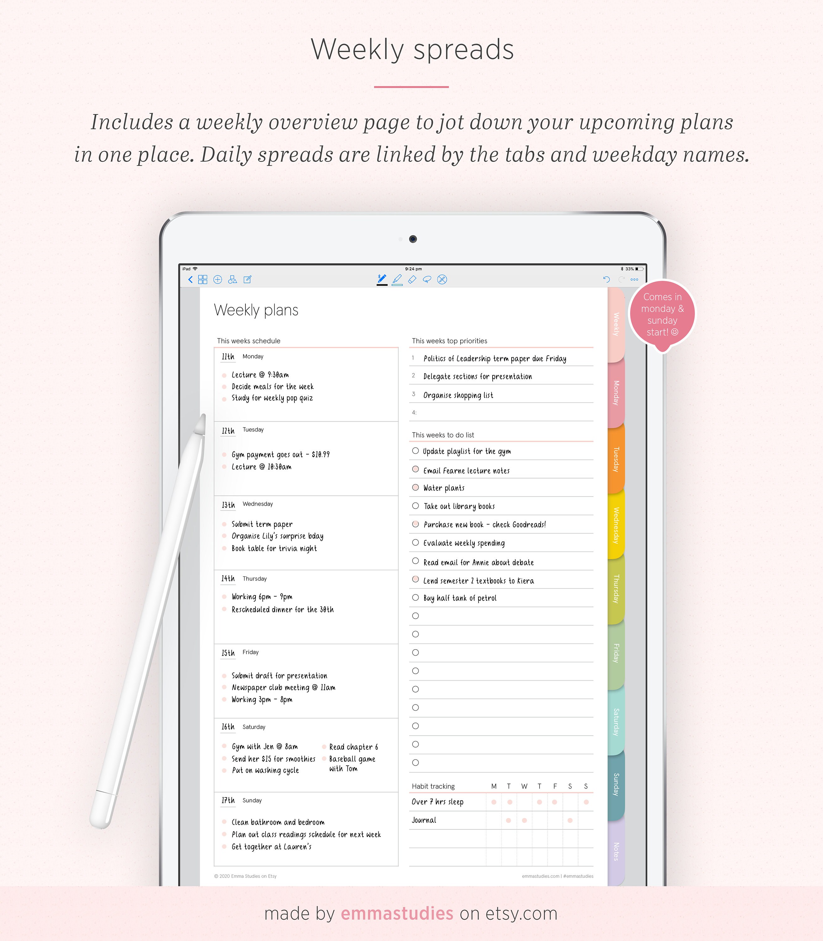 Undated Digital Daily and Weekly Planner Pastel Portrait | Etsy