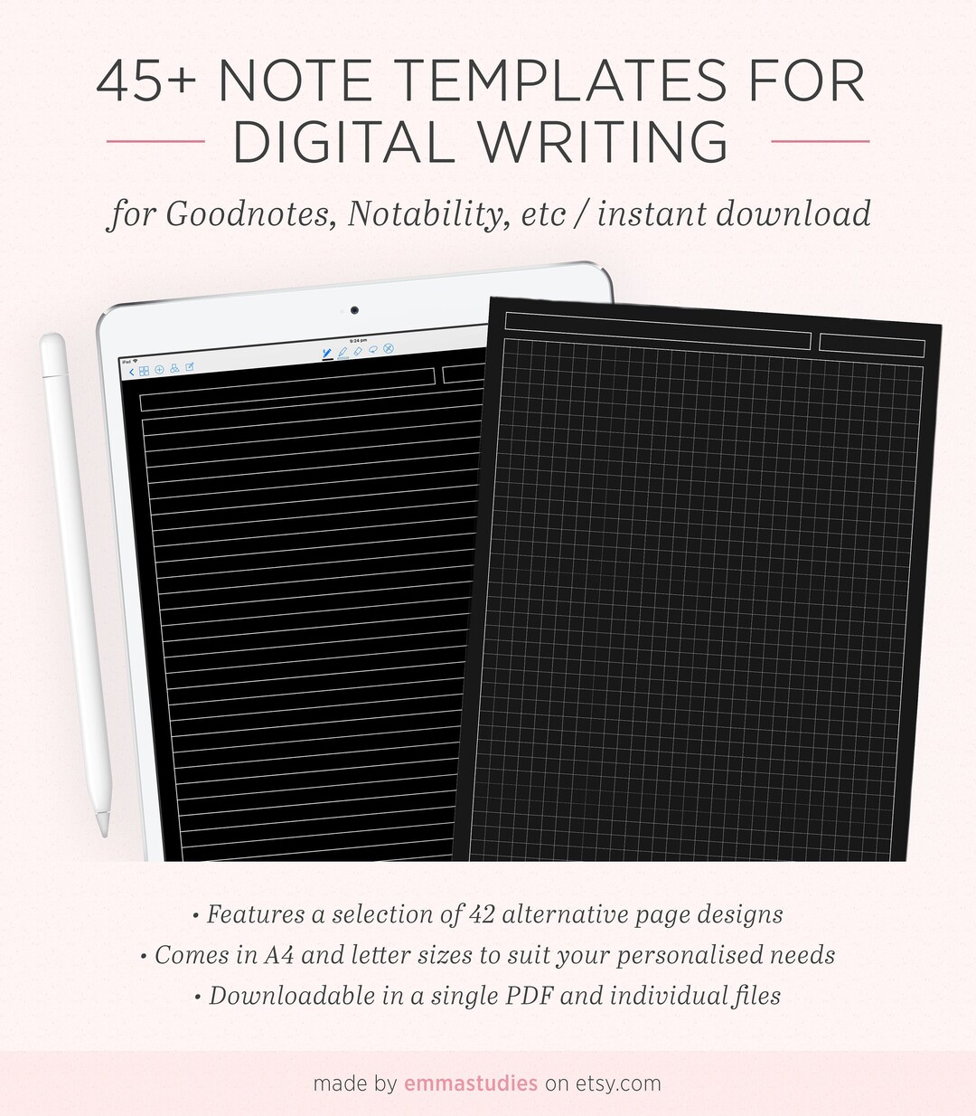 Digital Note Taking Black Paper Template Goodnotes Notability IPad Tablet Lined Grid Dotted