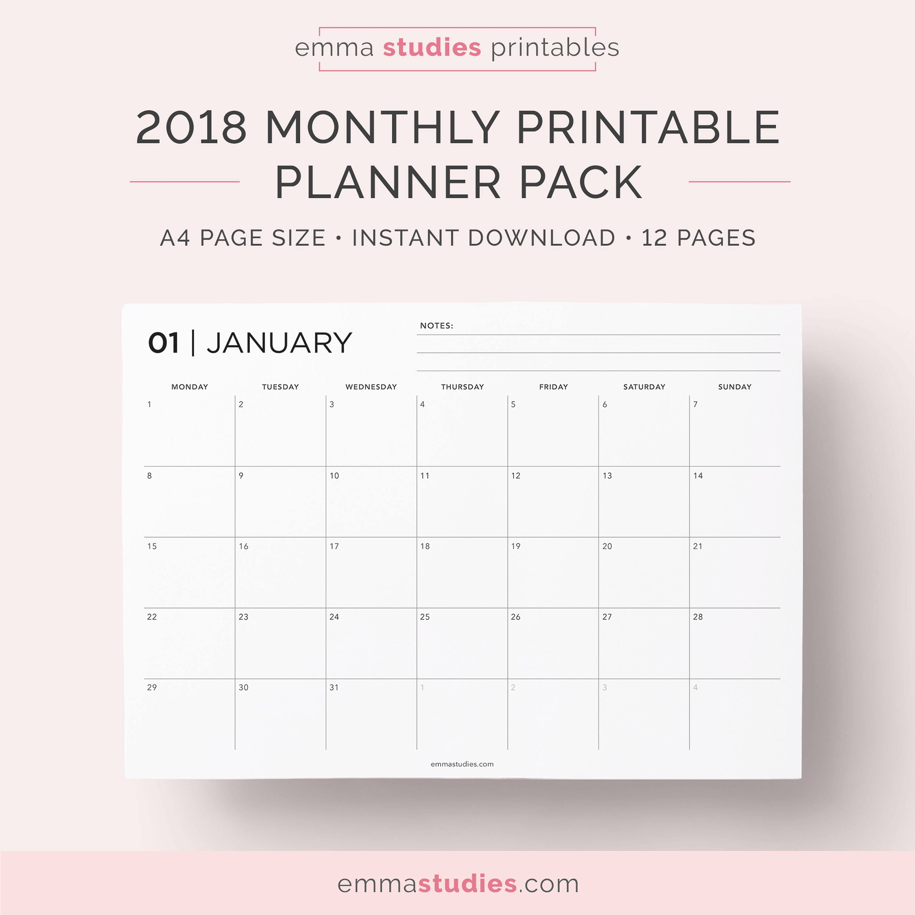 2018 Monthly Printable Planner