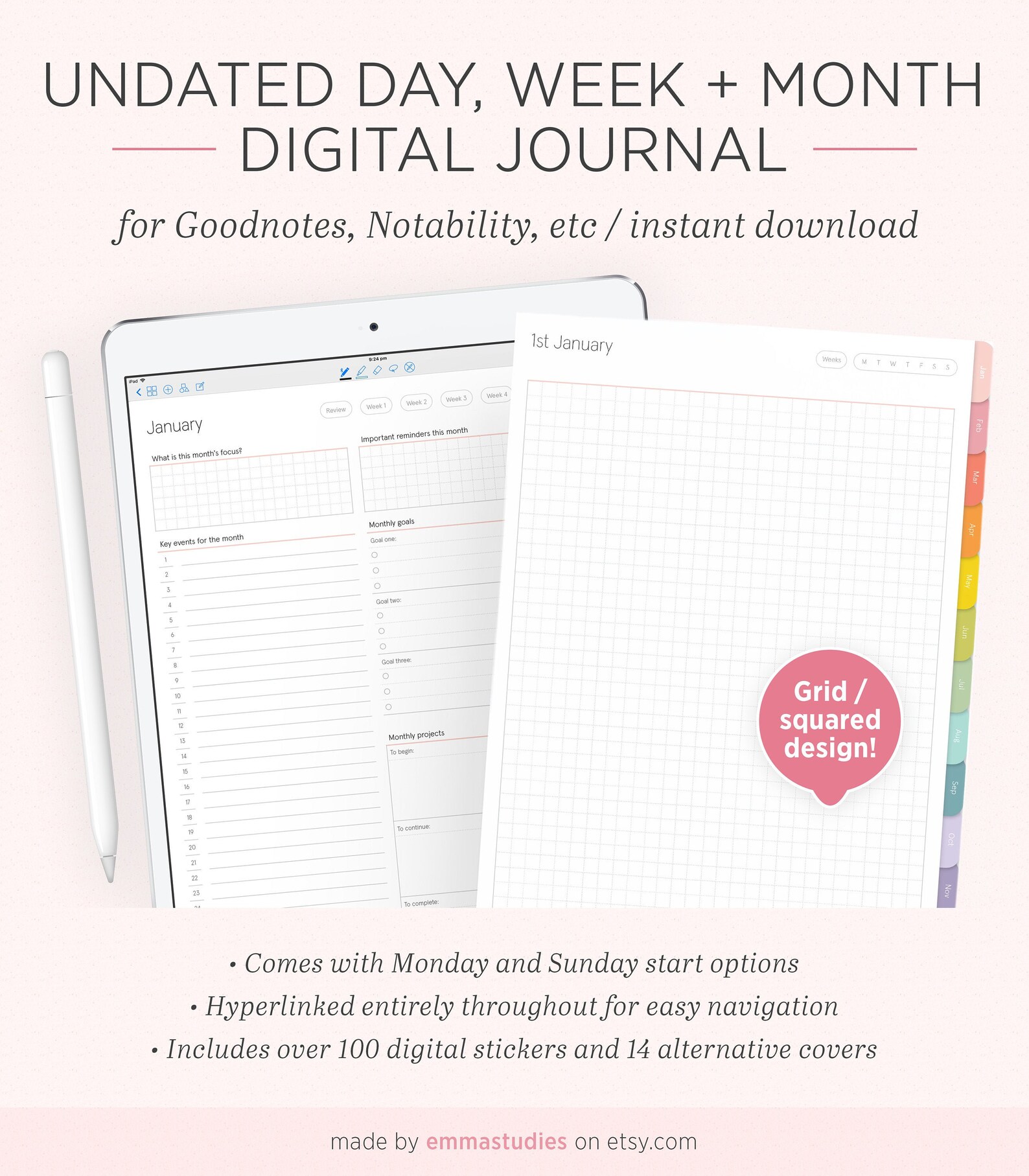 Undated Digital Daily Weekly Monthly and Yearly Grid Journal - Etsy ...