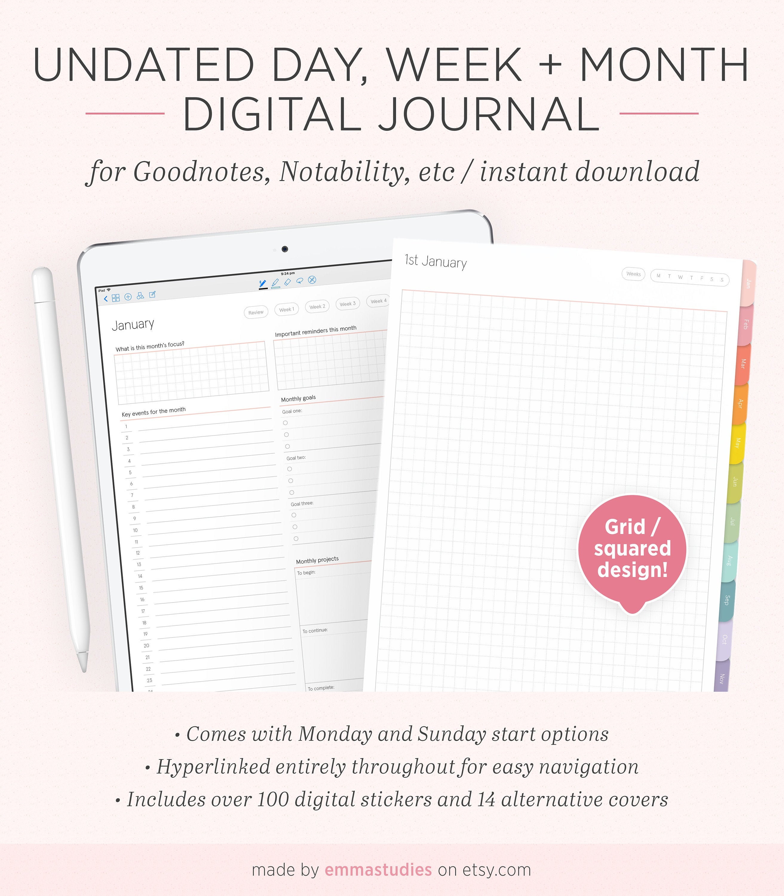 Undated Digital Daily Weekly Monthly and Yearly Grid Journal - Etsy ...