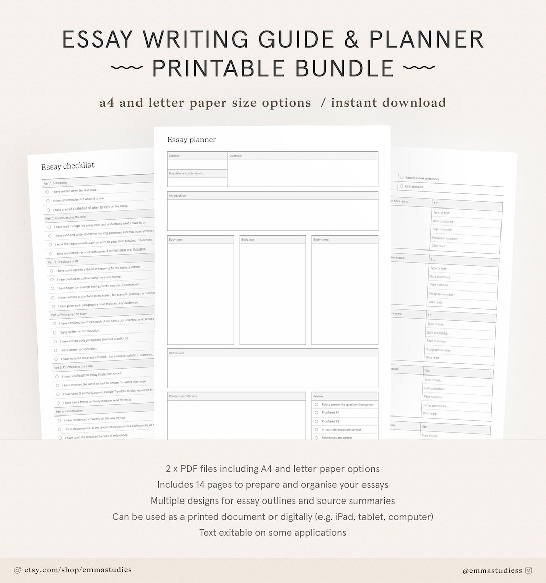 Essay Guide and Planner Printable Pack | School, College, University ...