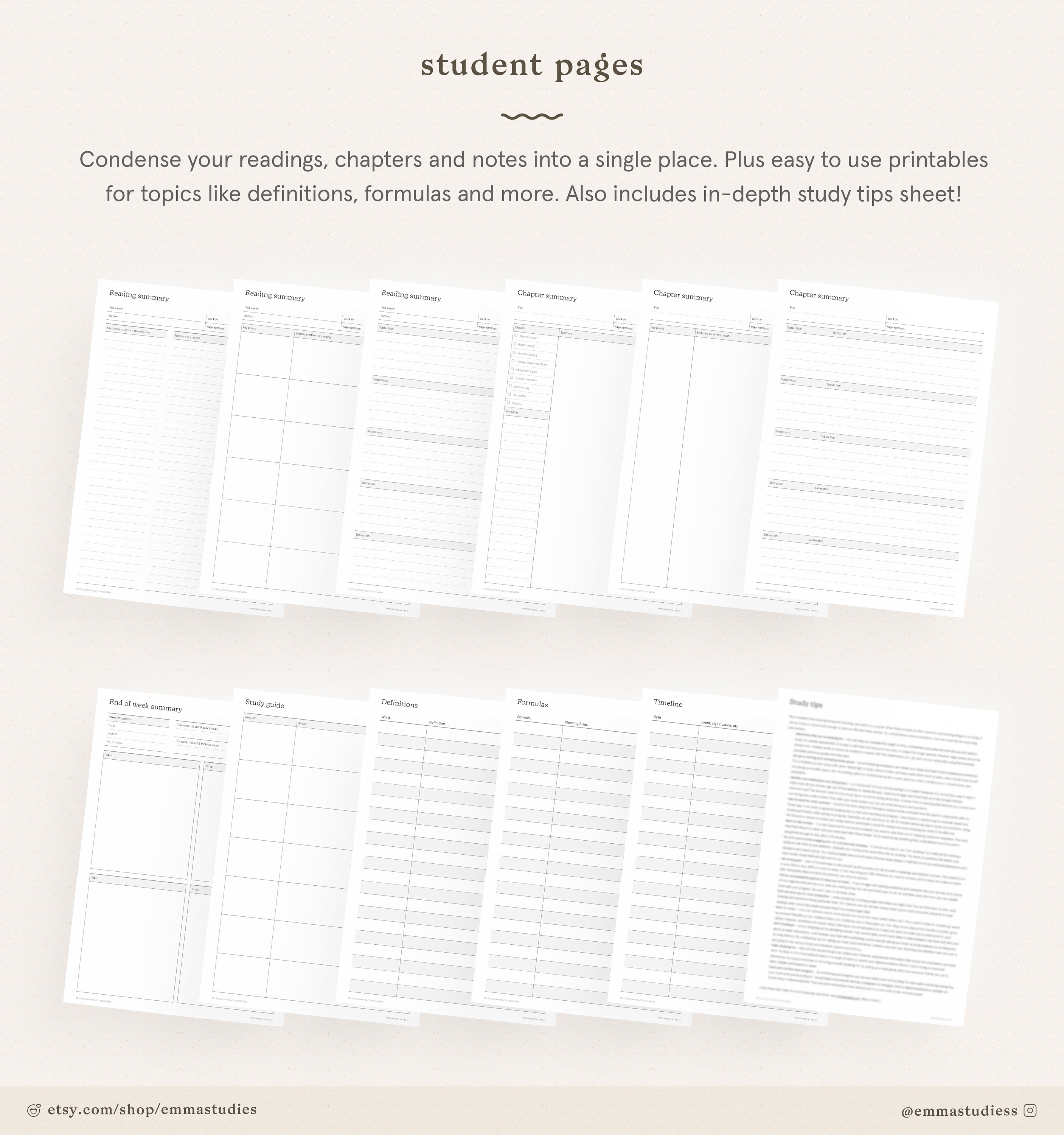Student Printable Studying Guide Revision College University | Etsy