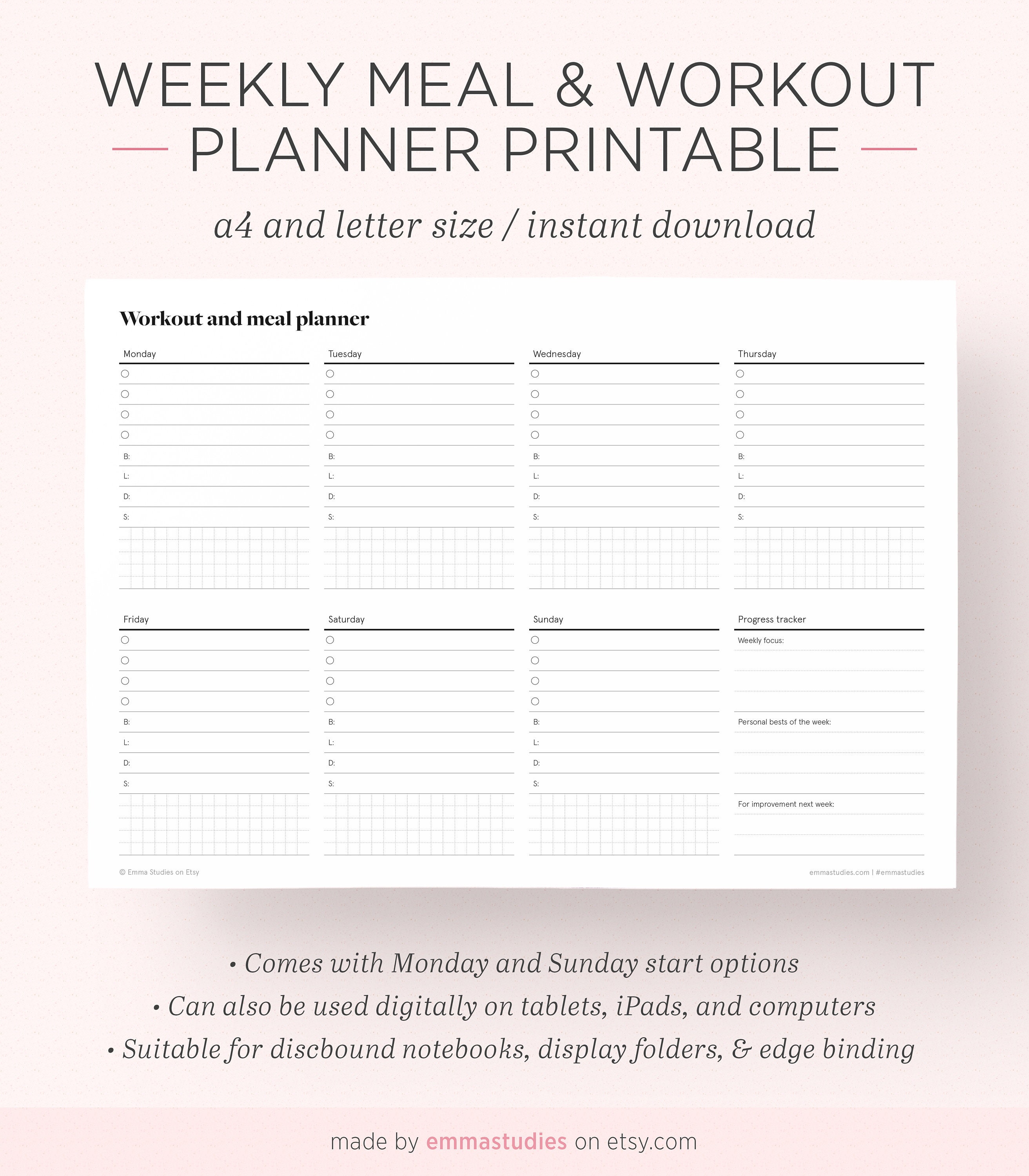 Weekly Workout and Meal Planner Printable Exercise Health | Etsy