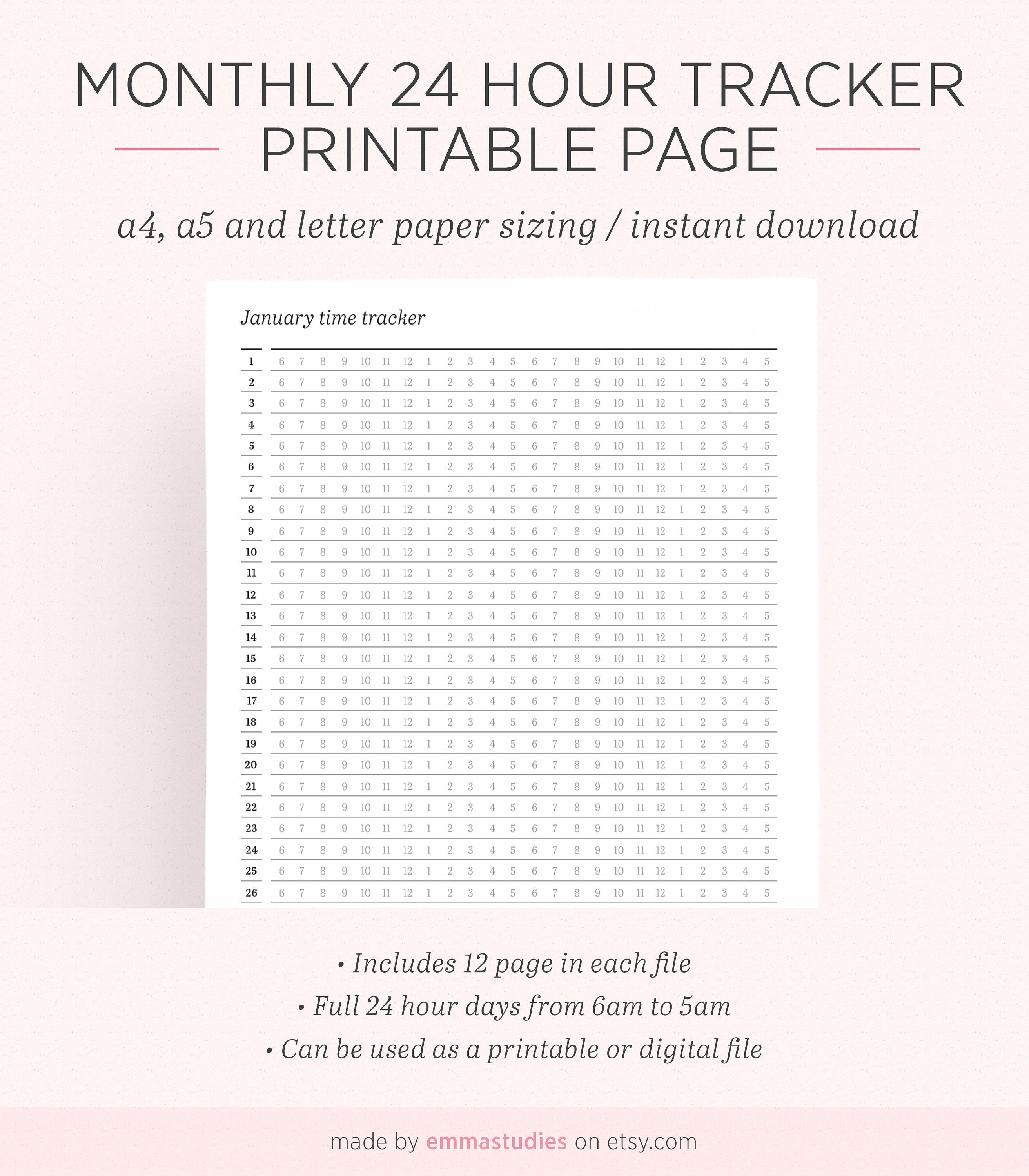 Month Hourly Time Organiser A4 Instant Download Discbound Bullet ...