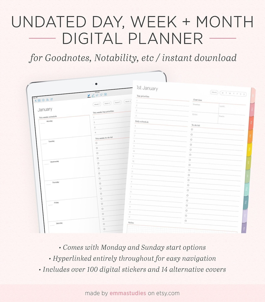 Undated Digital Planner — Daily, Weekly, Monthly Digital PDF | iPad ...