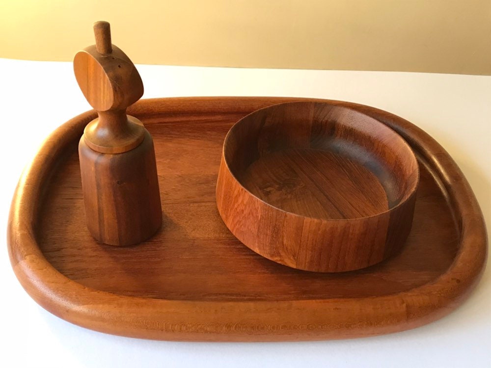 Set of Four Danish DANSK Teak Serving Tray, Serving Bowls and ...