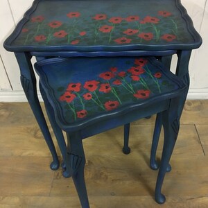 Hand Painted Blue Nesting Tables With Poppy Art - Etsy