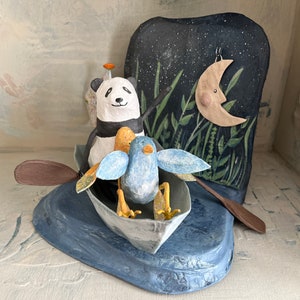 Paper Mache Boat Featuring Paper Animals: Panda, Blue Bird and Goldfish ...