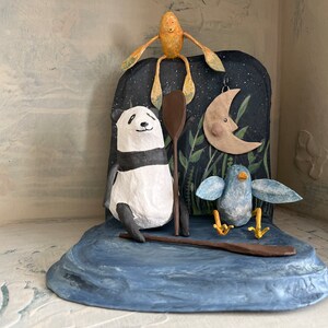 Paper Mache Boat Featuring Paper Animals: Panda, Blue Bird and Goldfish ...