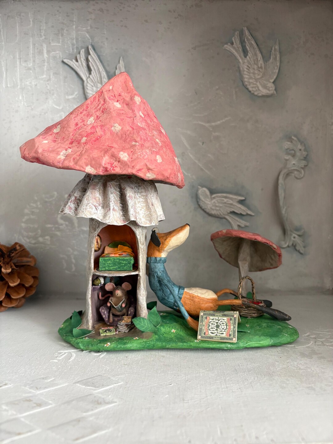 Paper Mache Fox and Toadstool Mouse House Luminary, Handmade Paper ...