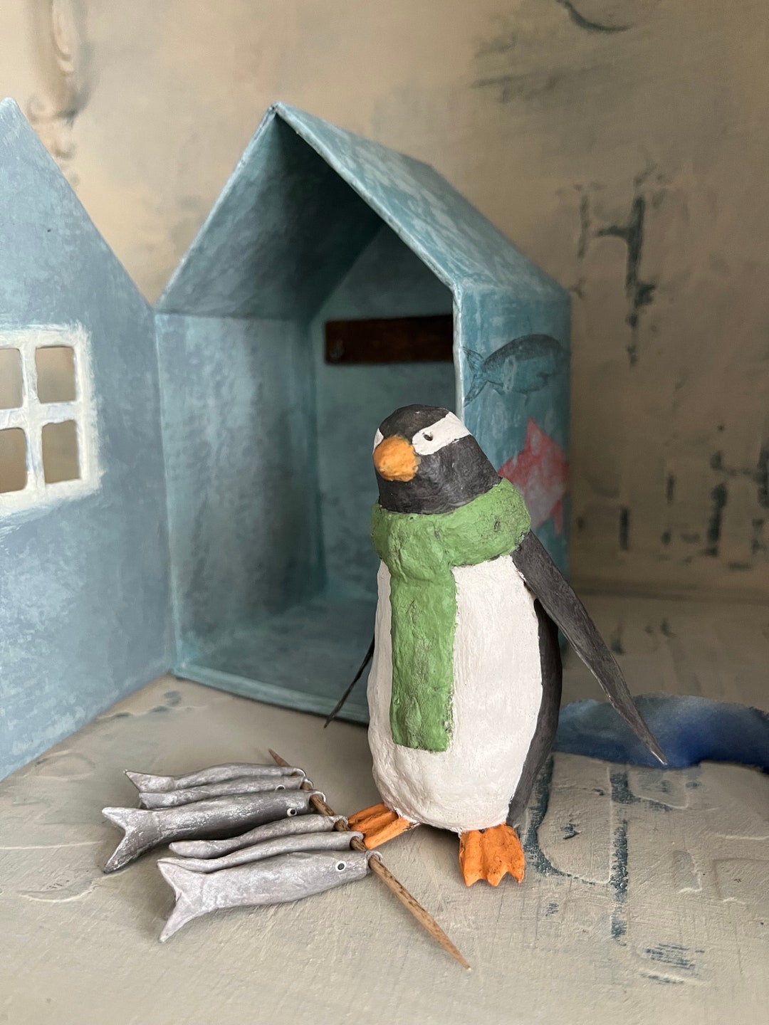 Paper Mache Penguin Sculpture in Paper House, Paper Animals, Penguin ...