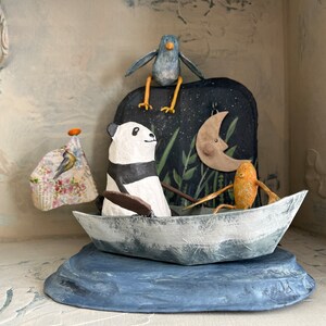 Paper Mache Boat Featuring Paper Animals: Panda, Blue Bird and Goldfish ...