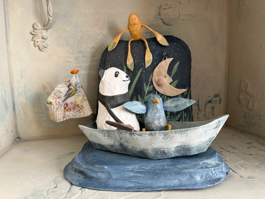 Paper Mache Boat Featuring Paper Animals: Panda, Blue Bird and Goldfish ...